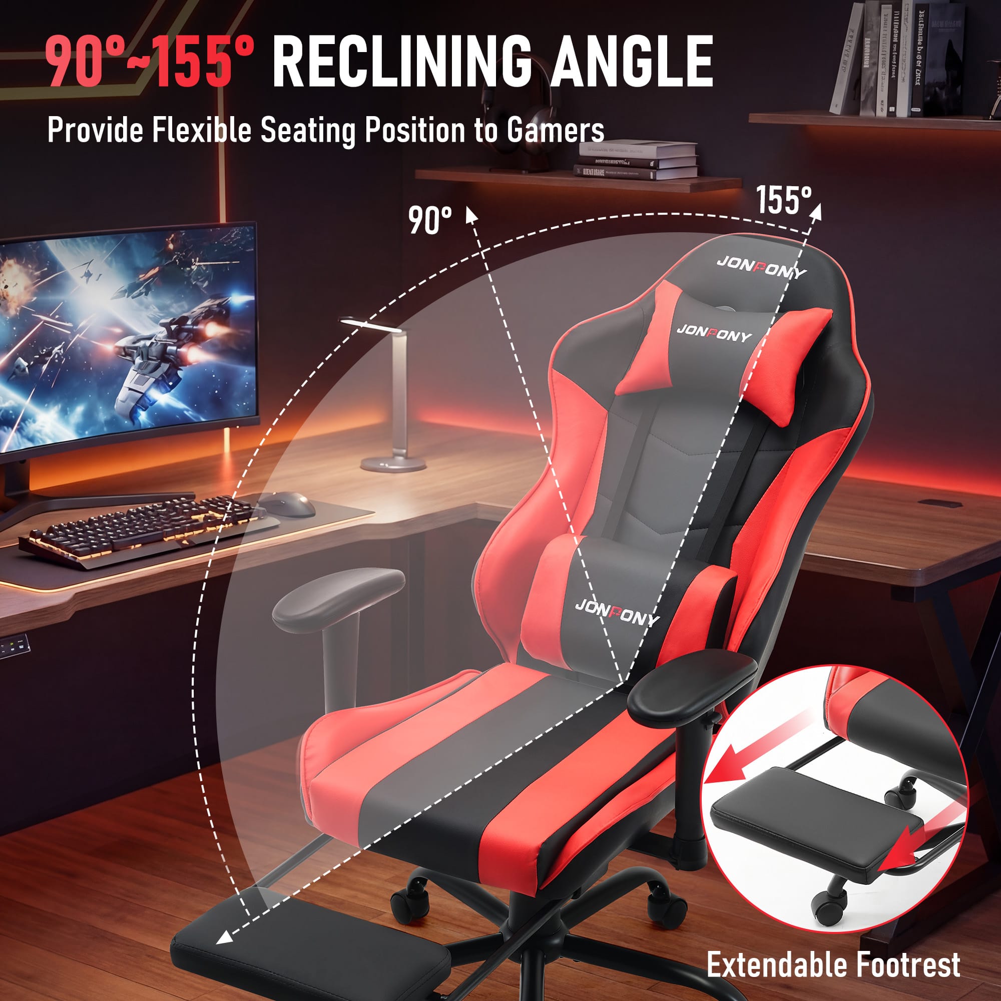 JONPONY Big and Tall 500LBS Gaming Chair with Footrest and Lumbar Supp