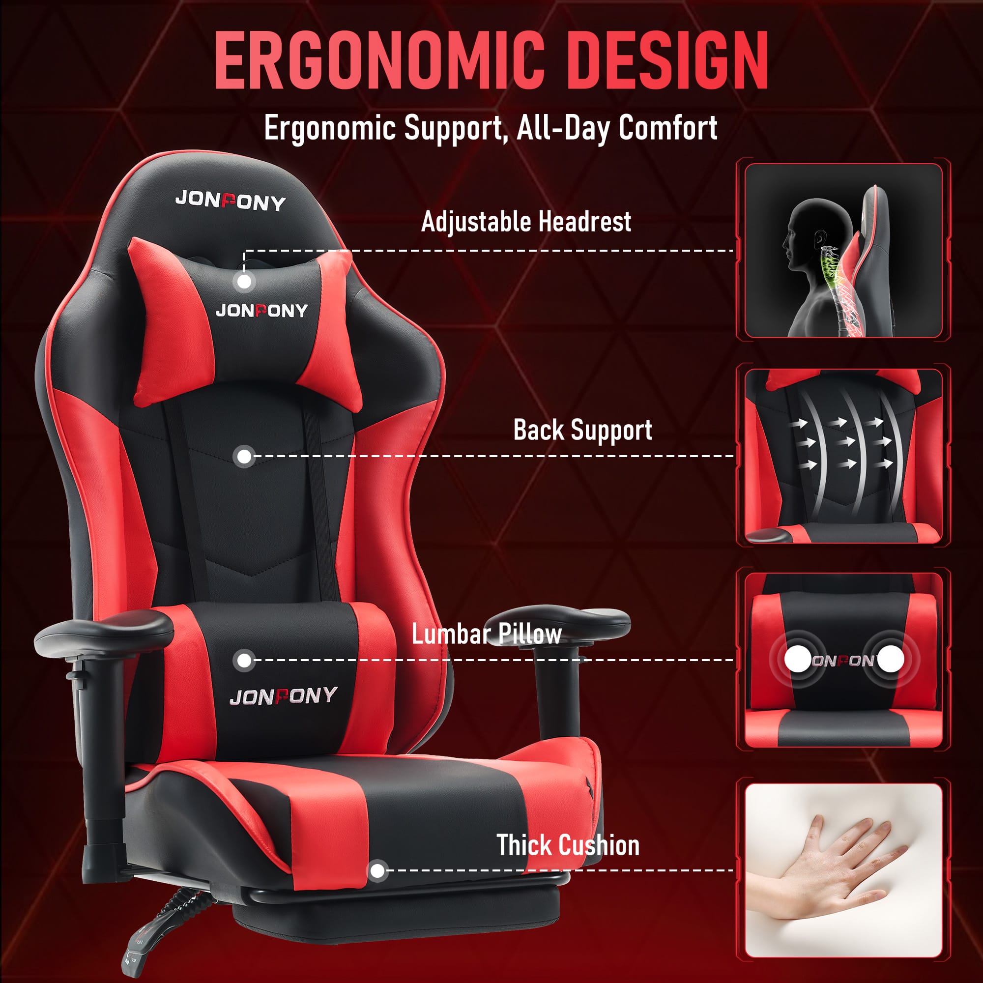 JONPONY Big and Tall 500LBS Gaming Chair with Footrest and Lumbar Supp