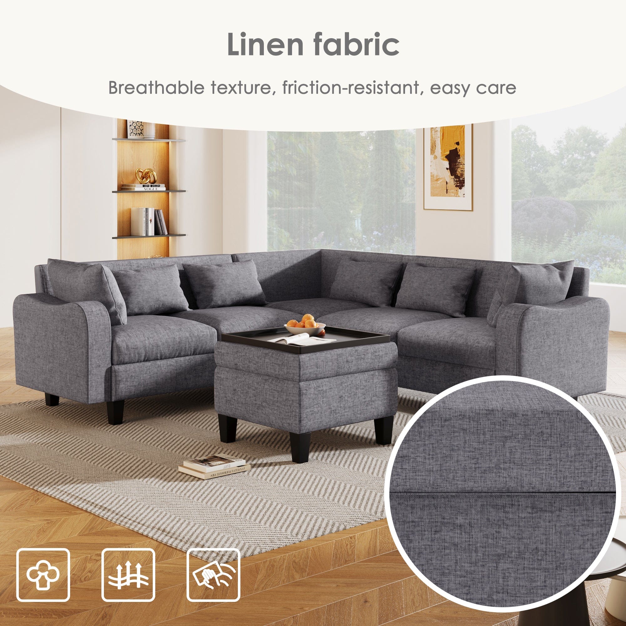JONPONY 87" Modern Sectional Sofa with coffee table,6-Seat Couch Set w